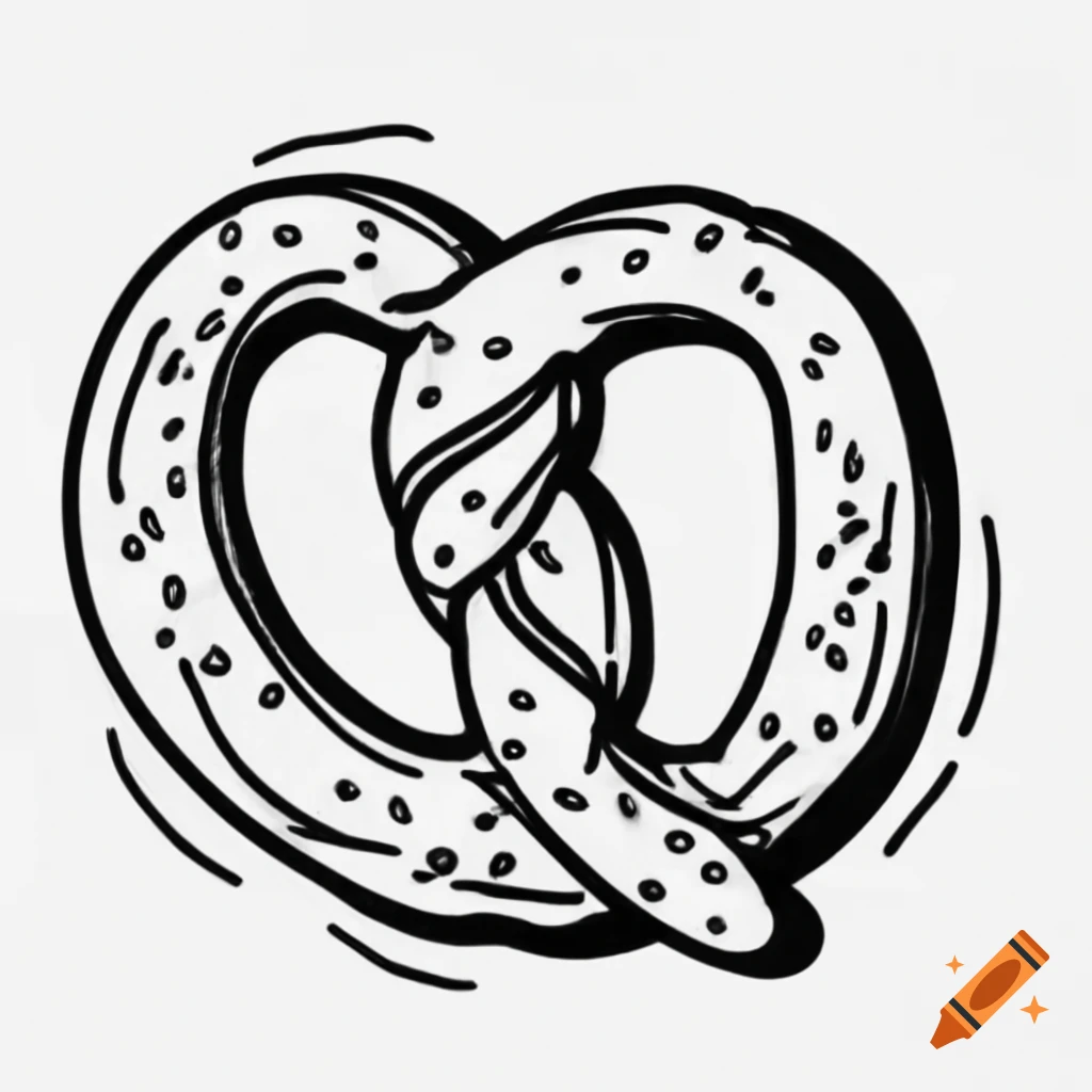 Black and white drawing of a pretzel with defined lines and salt on Craiyon
