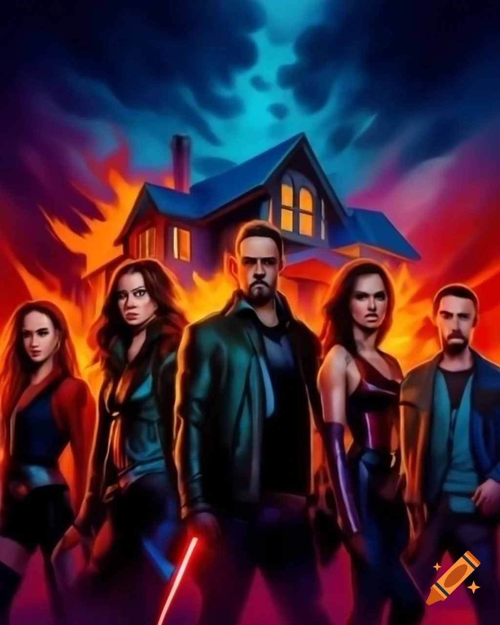 Furious crowd revolting in front of exploding house, colorful digital ...