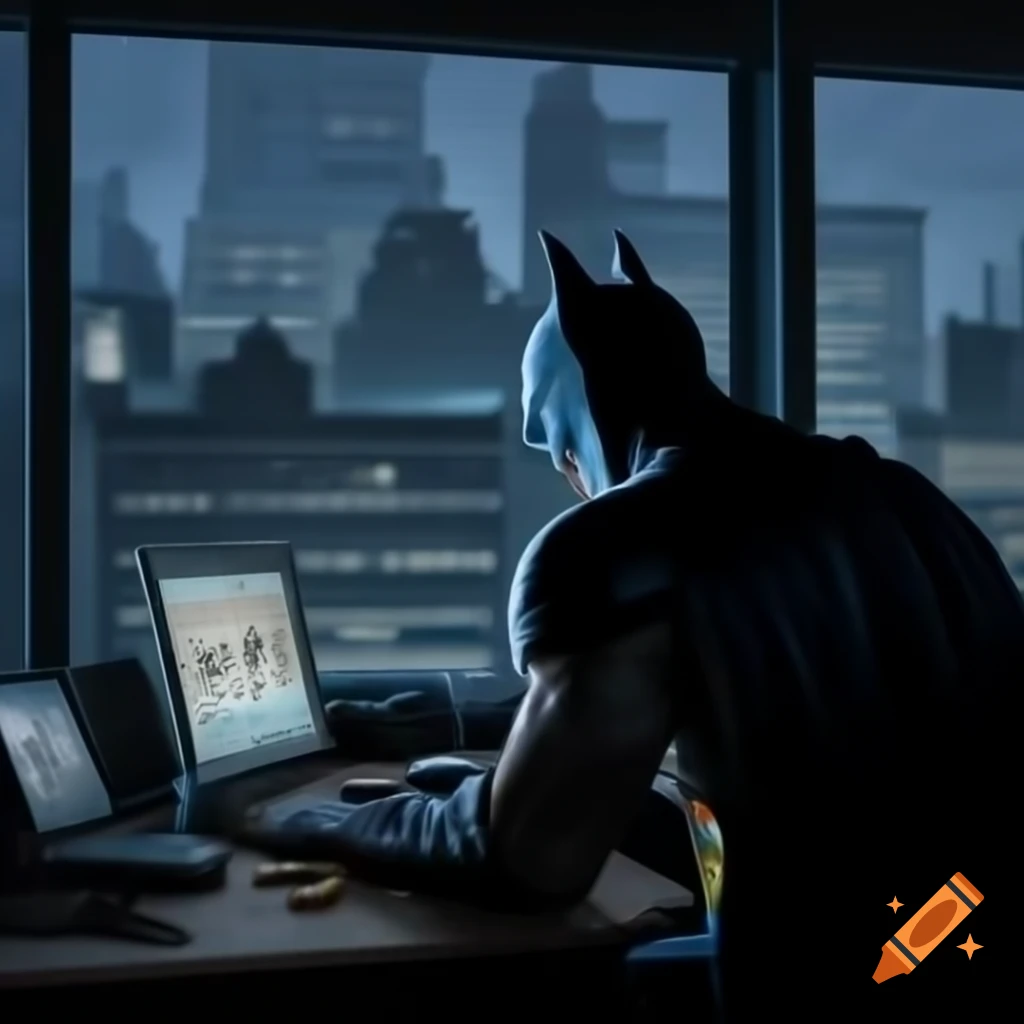 Batman working on architecture designs on computer while eating a ...