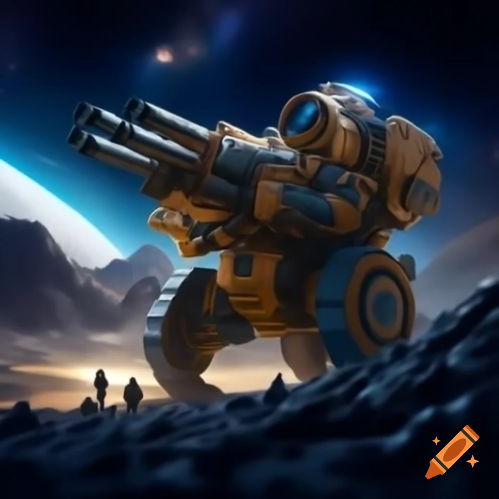 Futuristic space explorer with laser cannons navigating near io ...