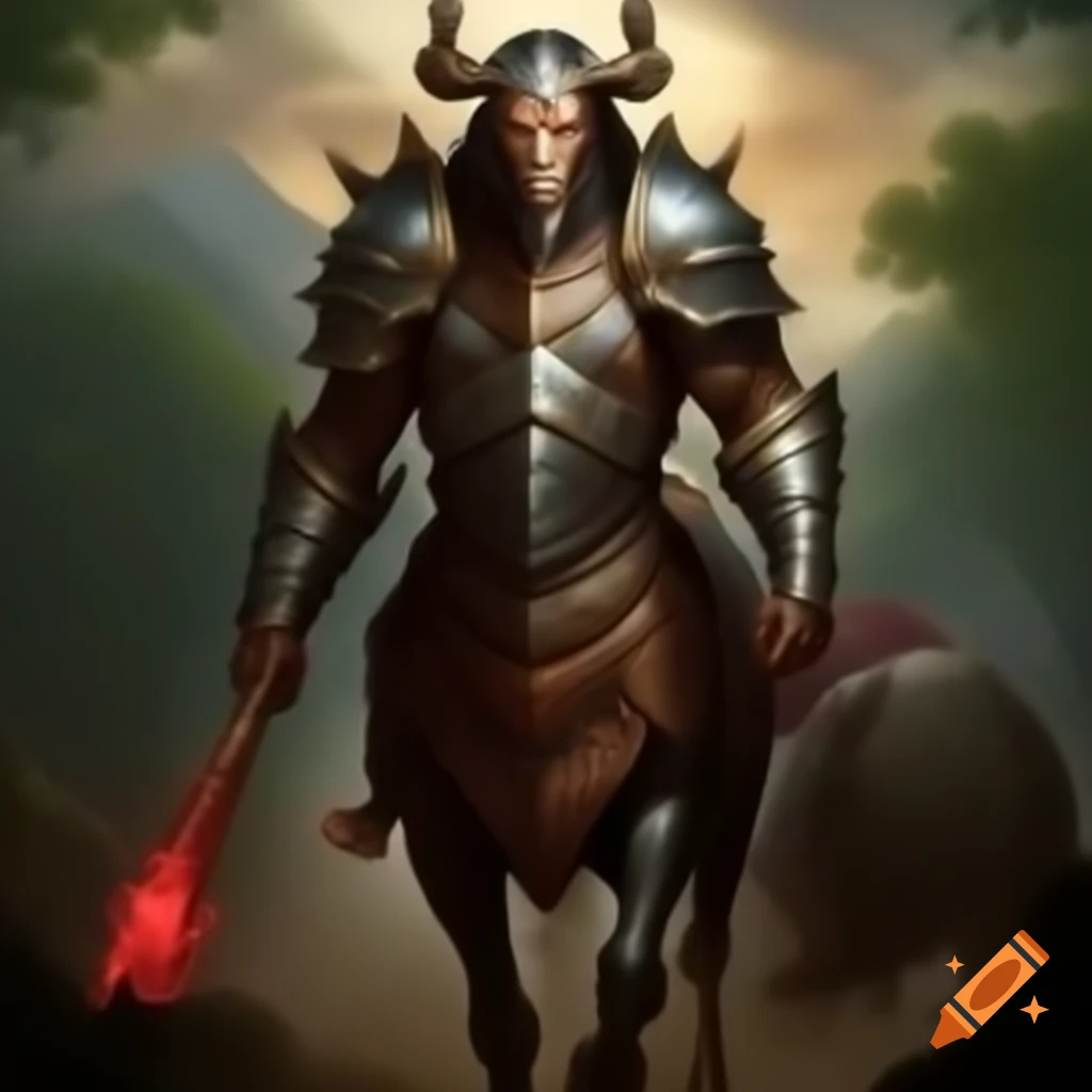 Centaur warrior in plate armor with battle-axe at forest edge on Craiyon