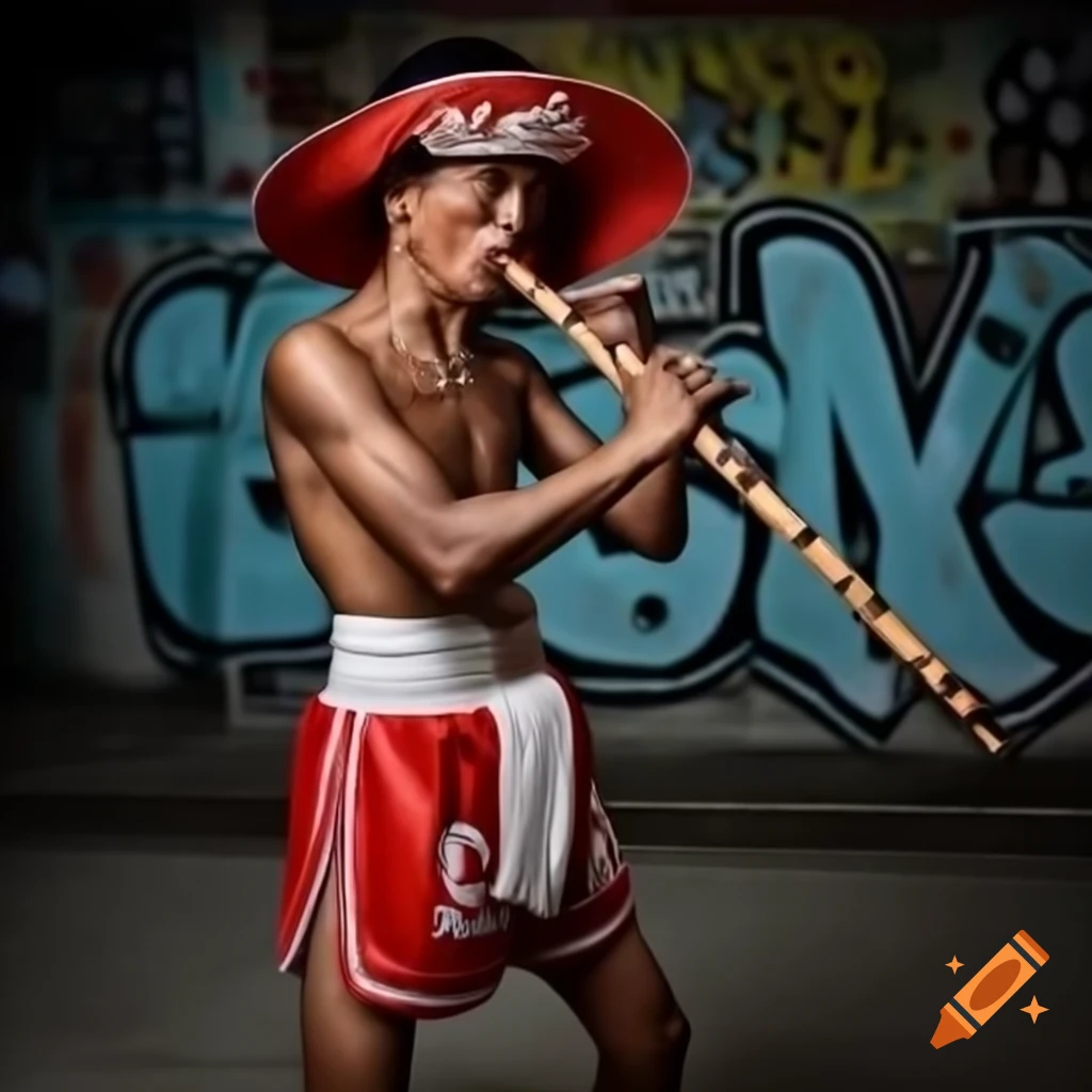 Shaman playing wooden flute in birthday hat and muay thai shorts in ...
