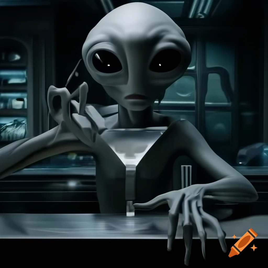 Thin grey alien with large black eyes holding martini glass in art deco ...