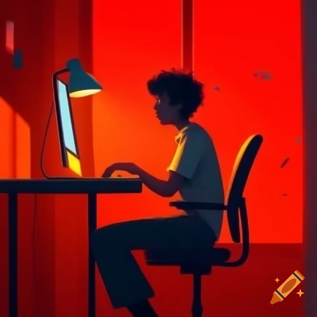 Person sitting in front of computer surrounded by code, reminiscing about studying programming ...