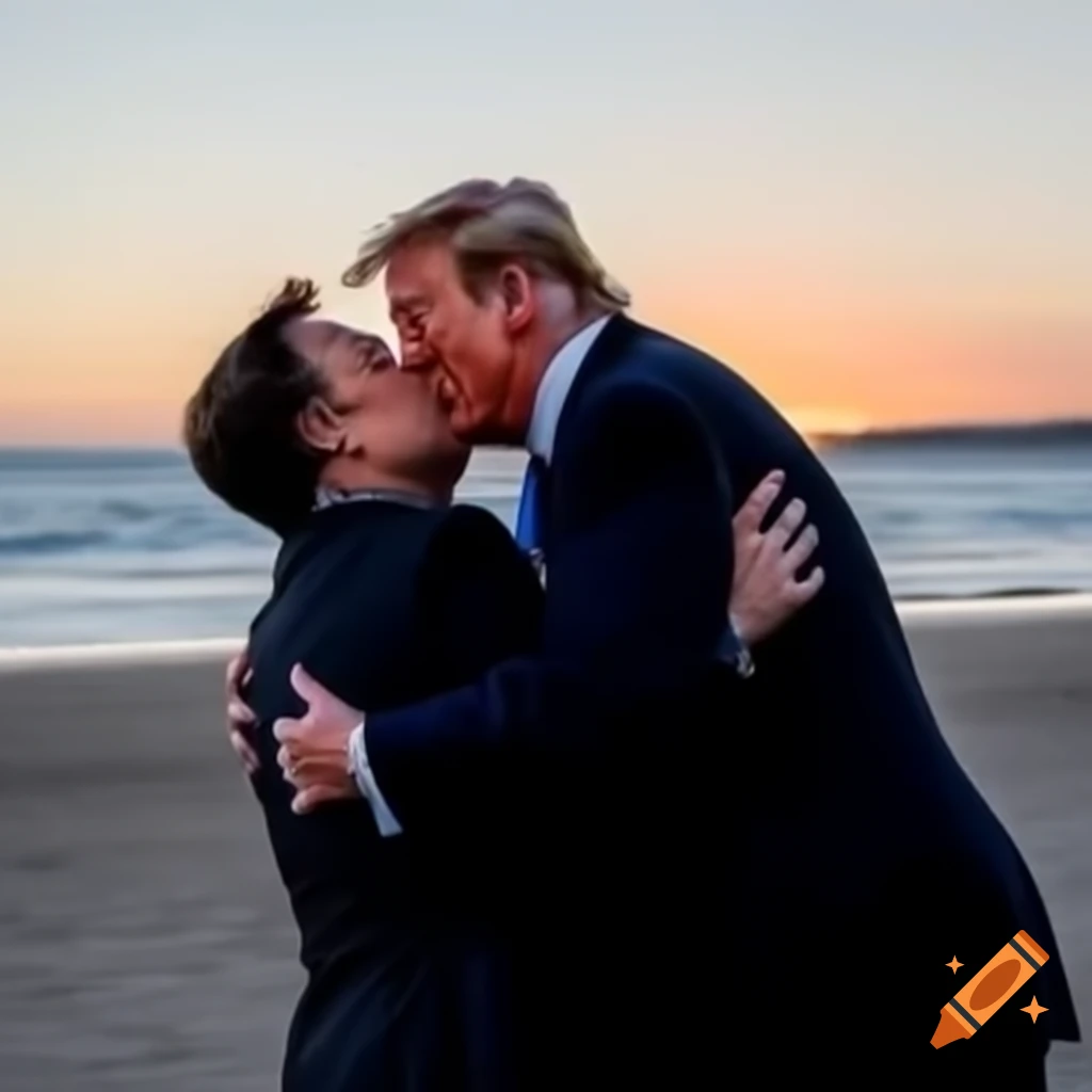 Donald Trump and Elon Musk together at a beach during sunset on Craiyon