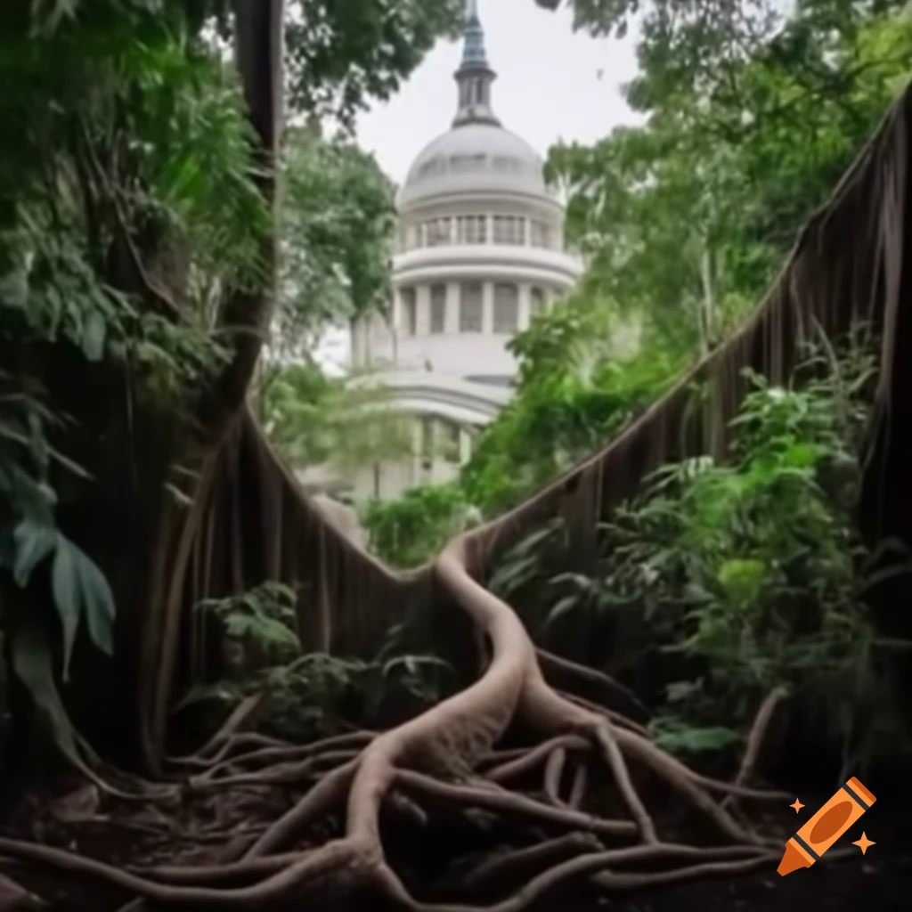 Jungle engulfing a historic capitol building with trees and roots on ...