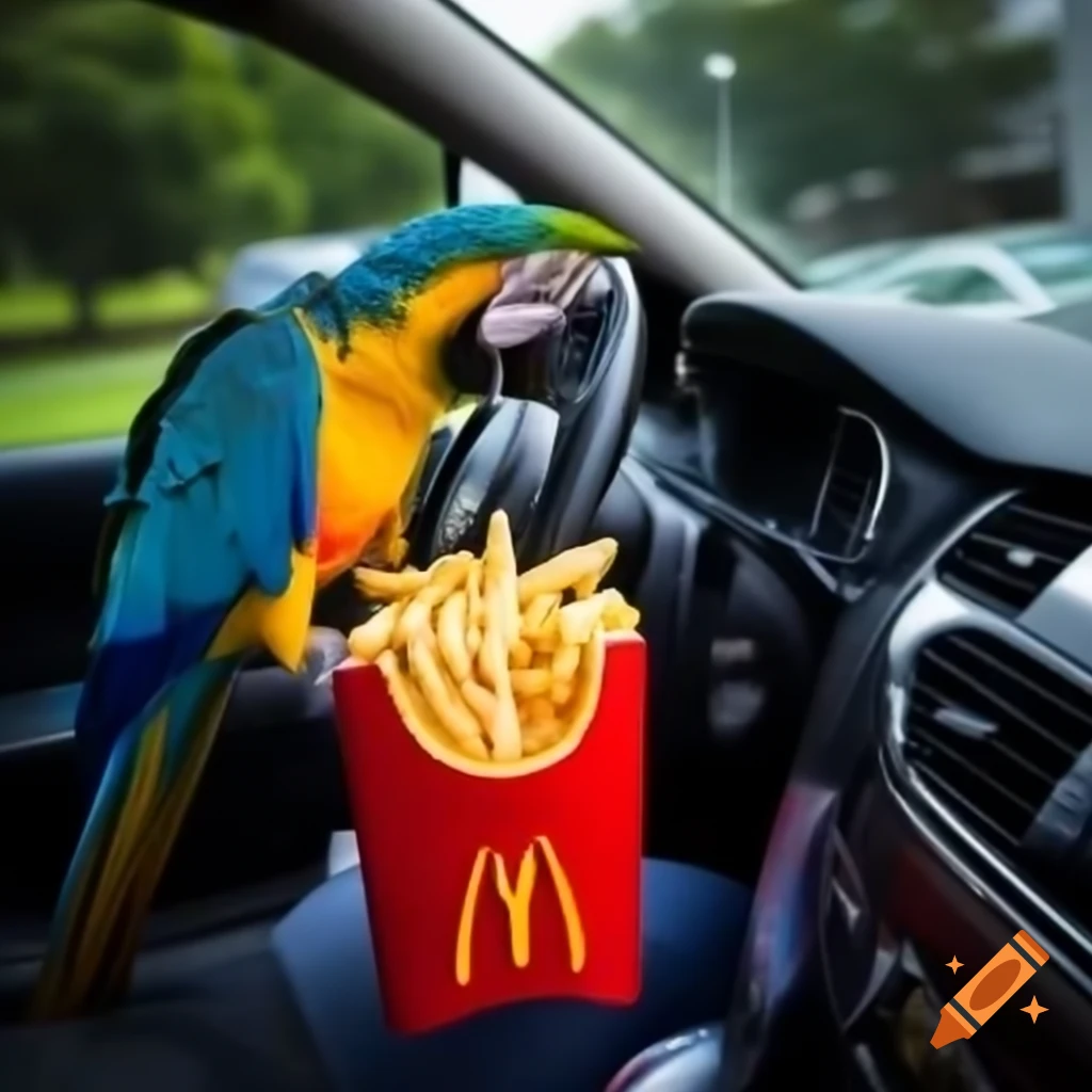 Parrot driving a car while picking up mcdonald's fries on Craiyon