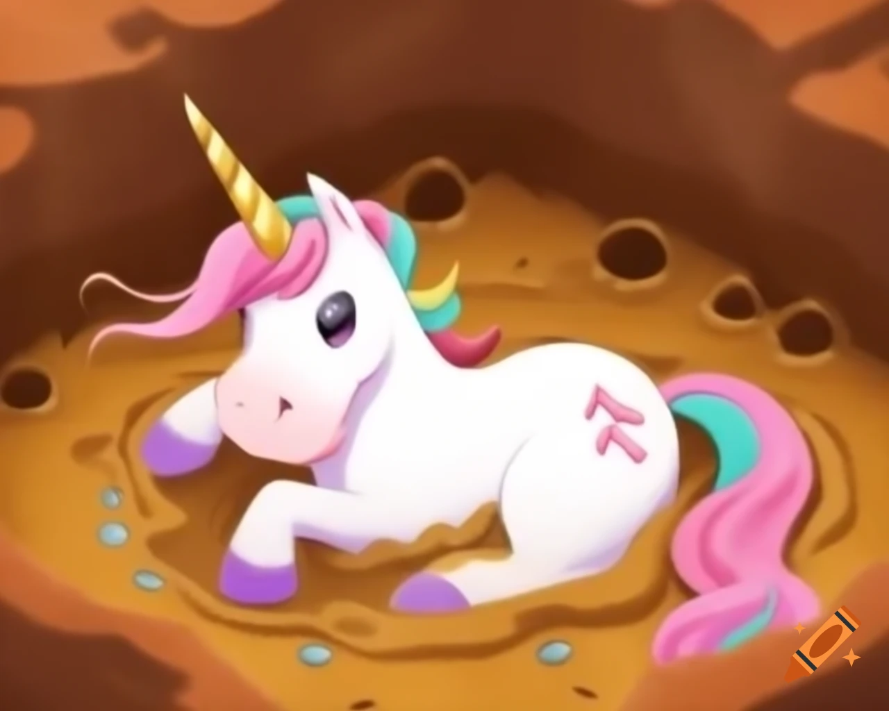 Anime styled colorful unicorn blushing in mud pit on Craiyon