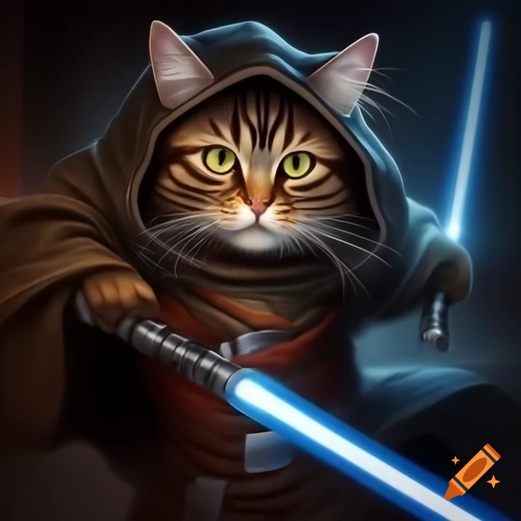 Ultra-realistic cat wielding lightsaber in cinematic 80s space opera style on Craiyon
