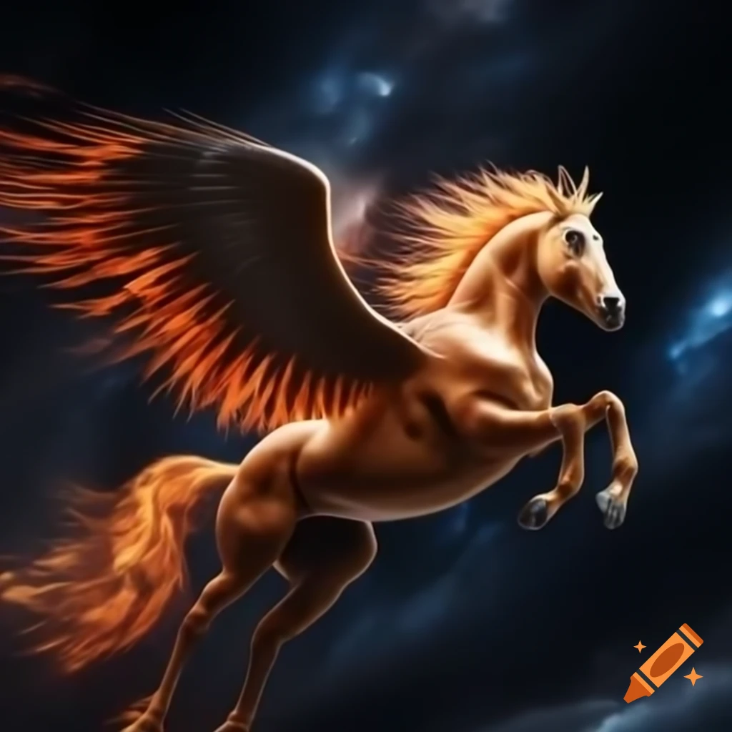 Magical horse with fiery wings and horn flying through space on Craiyon