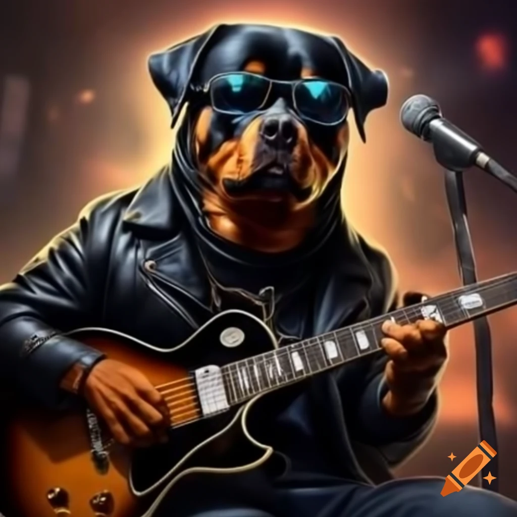 Rottweiler wearing leather jacket and sunglasses playing electric ...