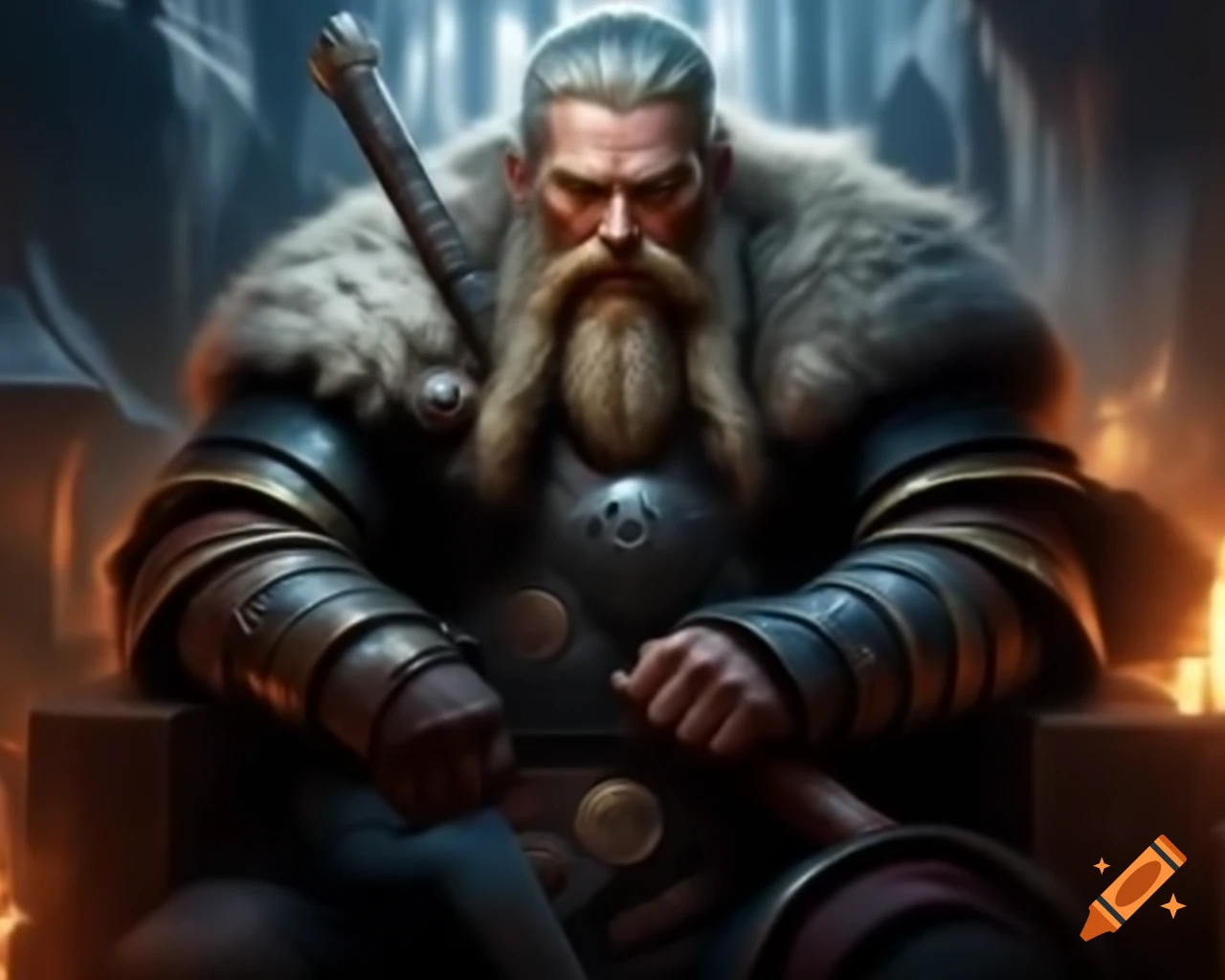 Viking chieftain in fur armor illuminated by firelight, intense gaze ...