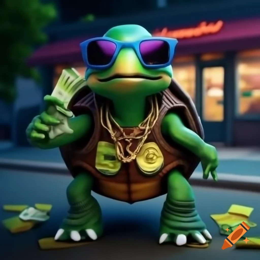 Animated turtle in rapper outfit with sunglasses, jordan 1 shoes, and ...