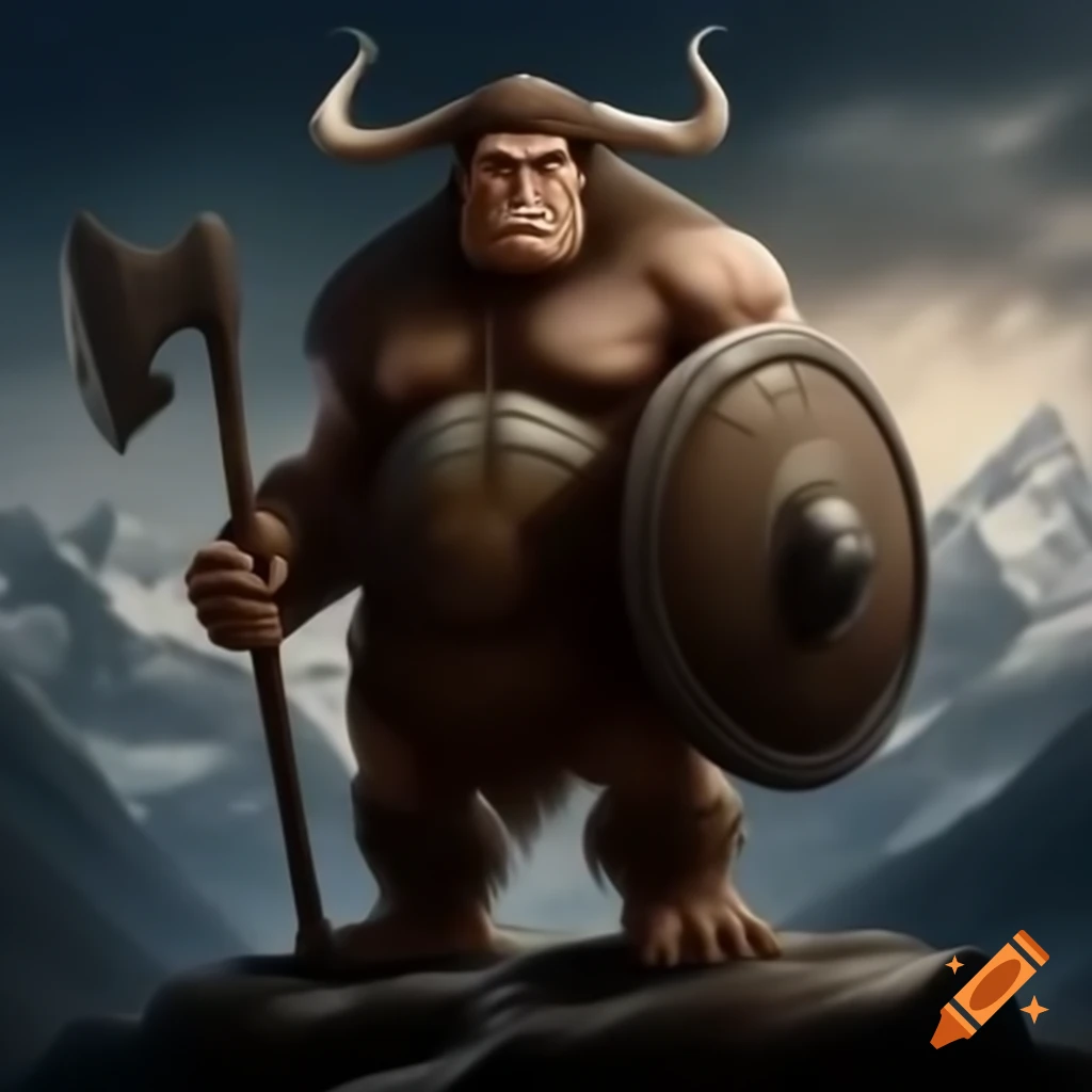 Friendly Goliath humanoid in oil painting with greataxe and shield ...
