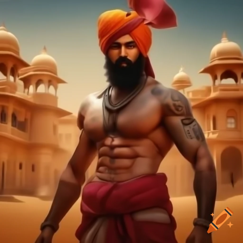 Muscular Rajput in desert with tattoos and Rajasthani backdrop on Craiyon