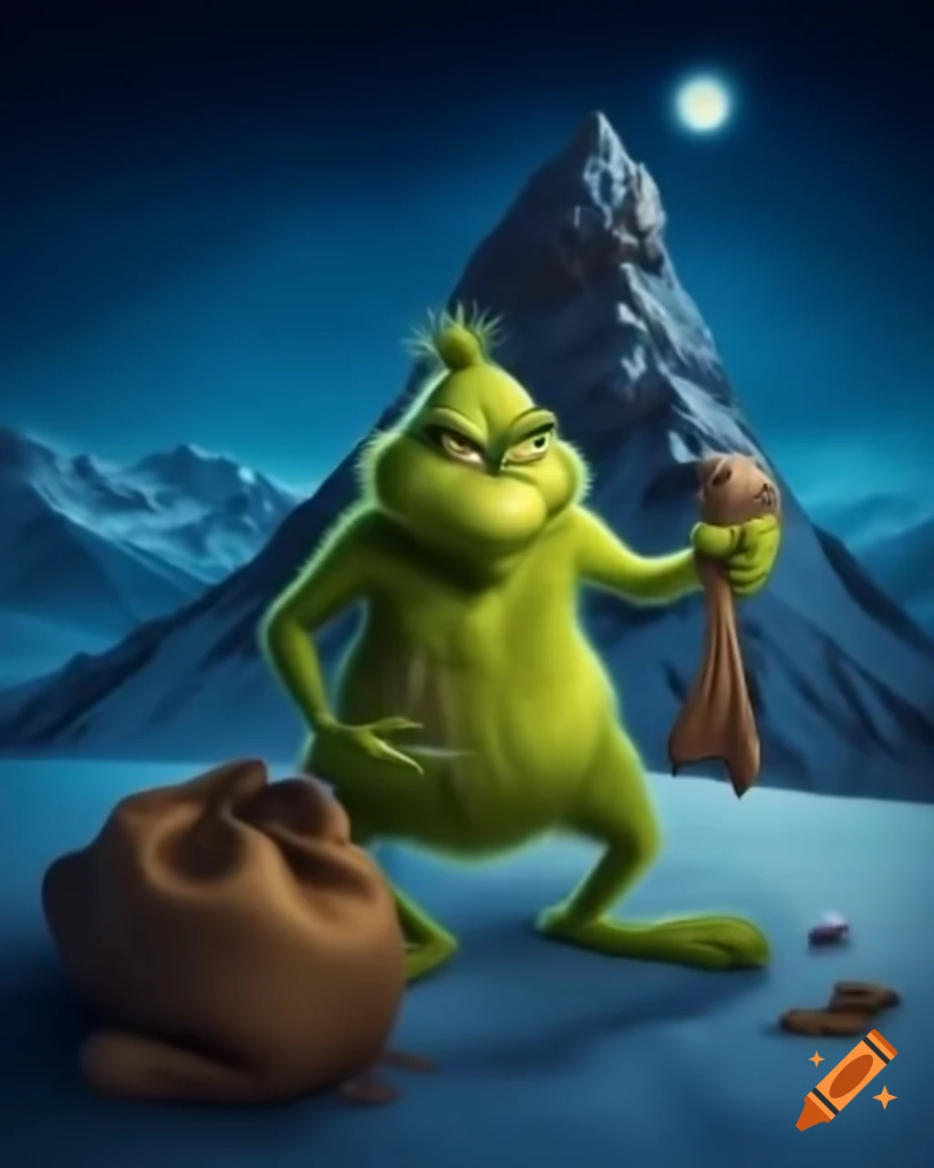 The Grinch climbing snowy mountain at night with sack of goods under ...