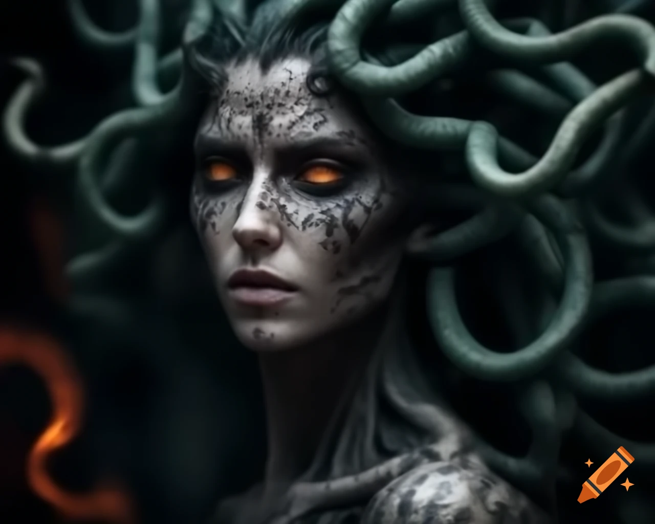 Photorealistic depiction of young Medusa in a dark atmosphere on Craiyon