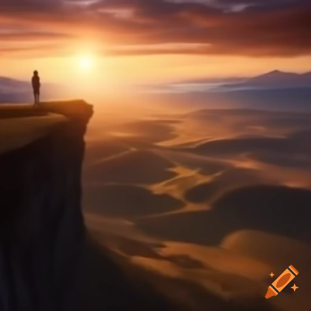 Person standing at cliff edge overlooking vast landscape at dawn with ...