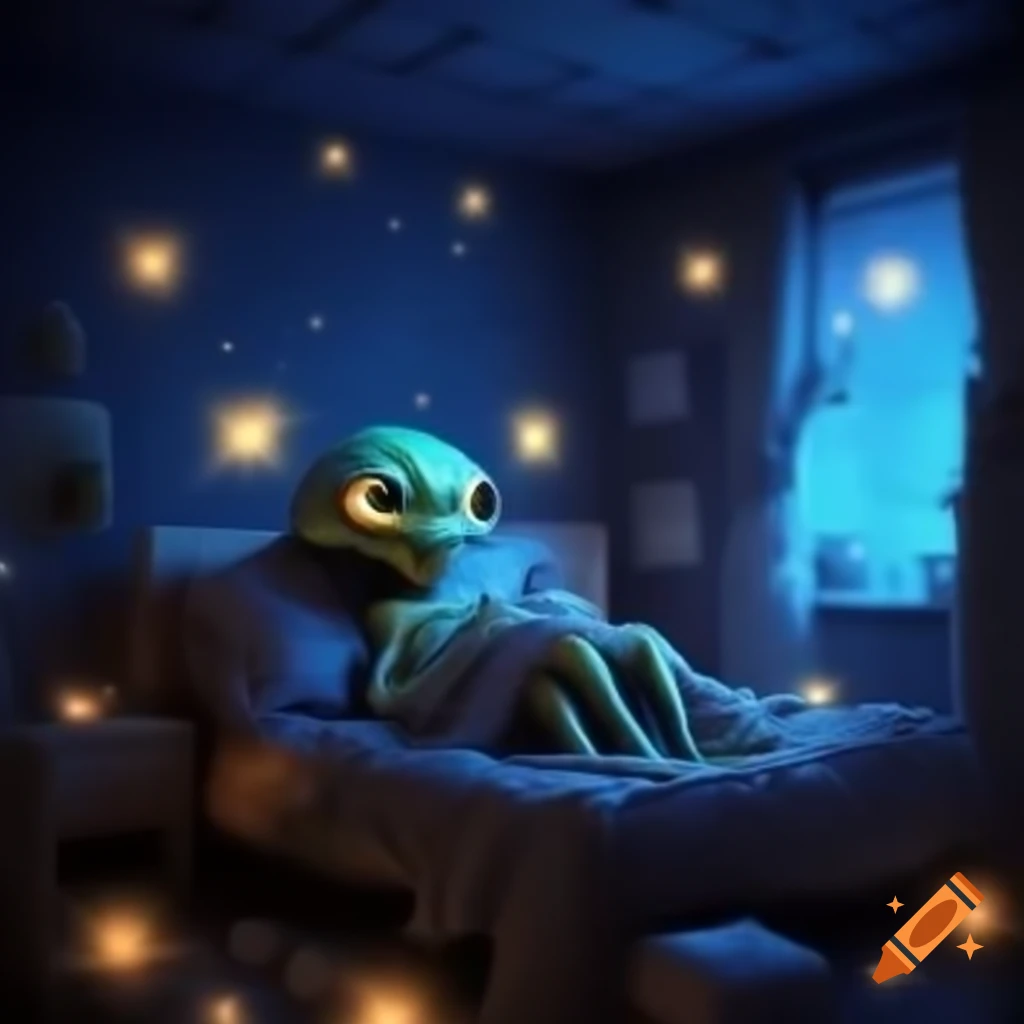 Alien relaxing in cozy bed with glowing star decor in bedroom on Craiyon