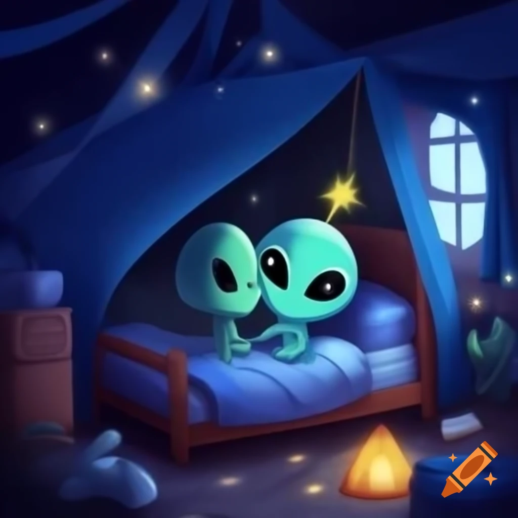 Cute alien in cozy bed next to tent with glowing stars in bedroom on ...