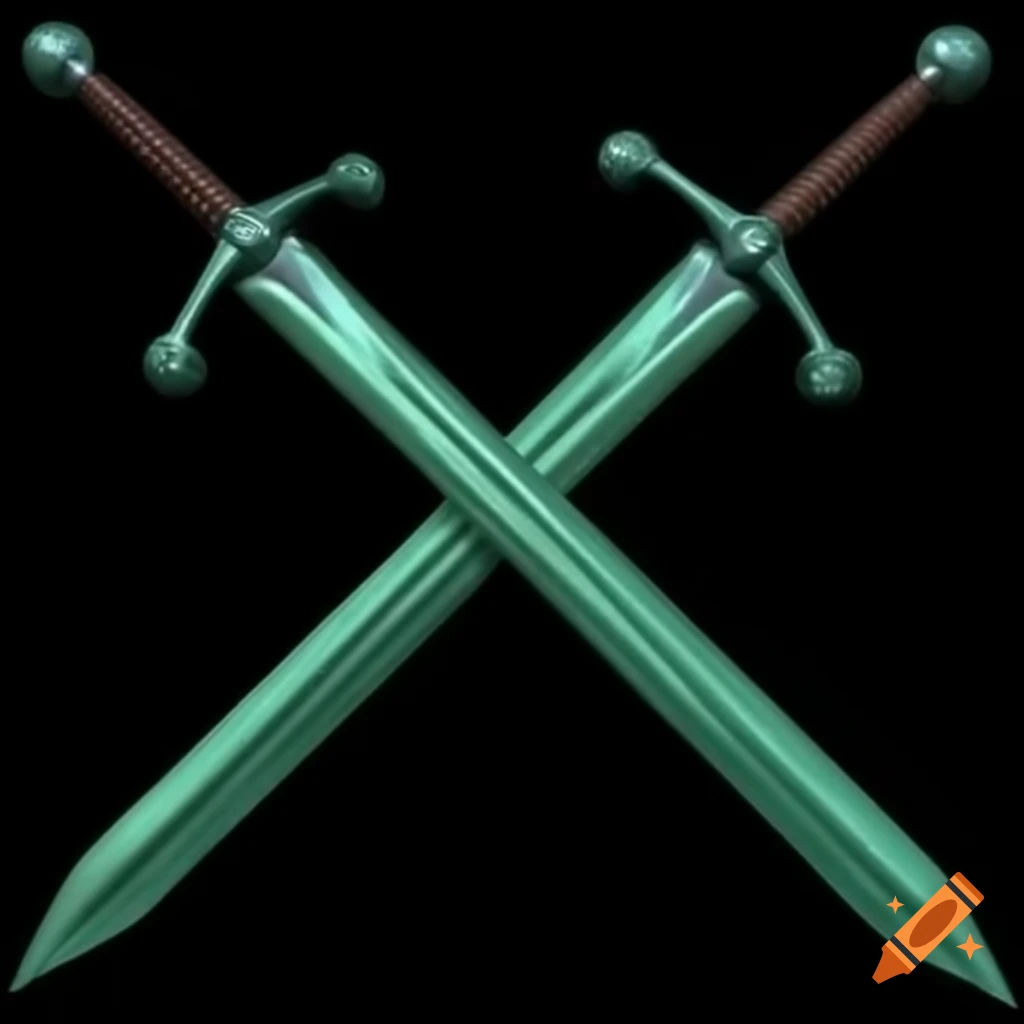 Double-sided sword made of shimmering green metal with sharp edges on ...