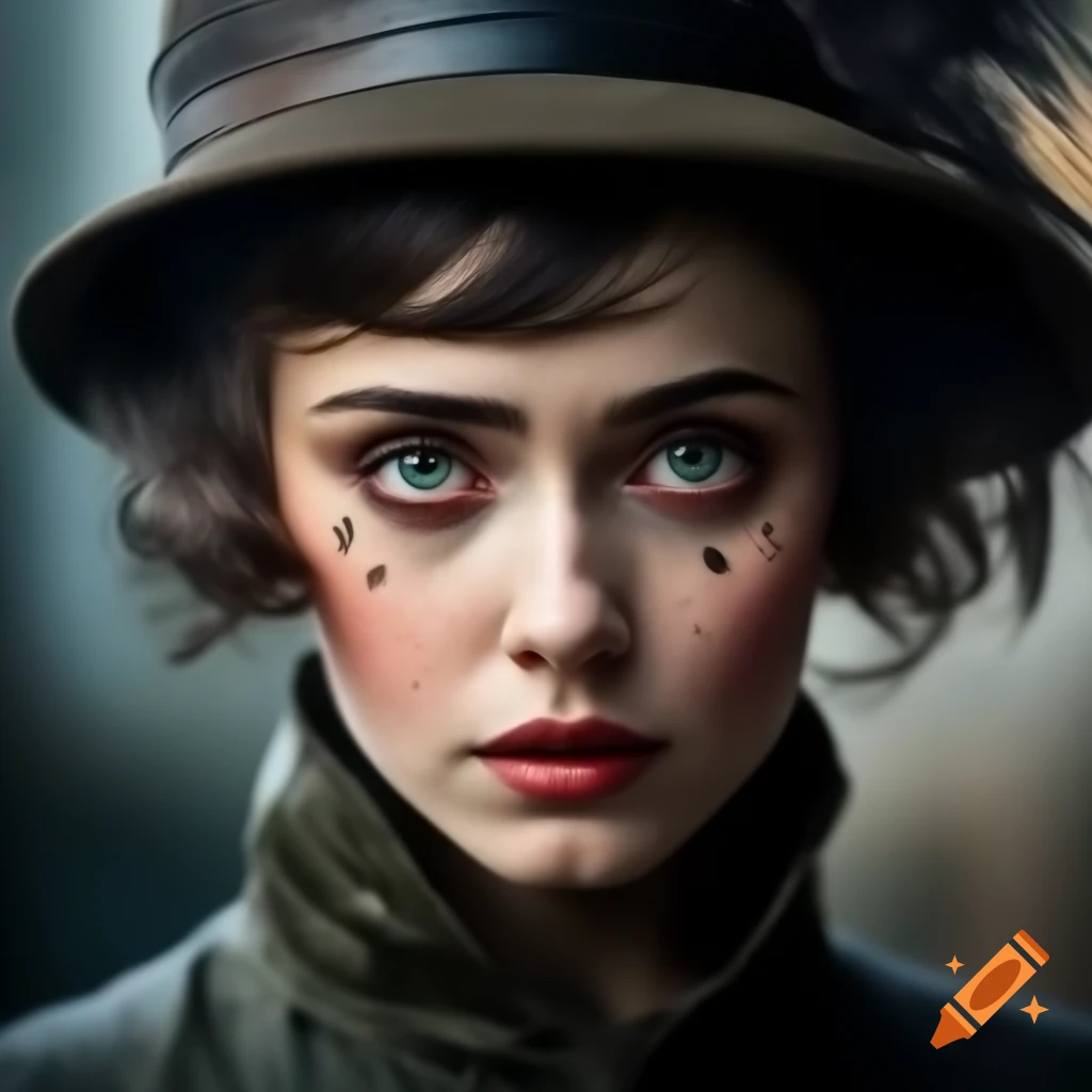 Close-up of 1920s flapper with expressive eyes and sleek bob hairstyle ...