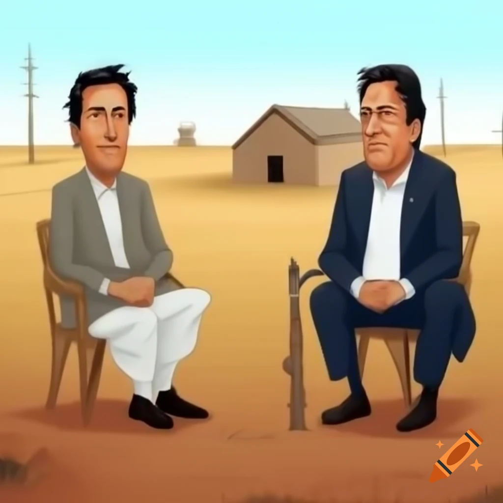 Digital illustration of imran khan and donald trump in rural setting, depicting hardship on Craiyon