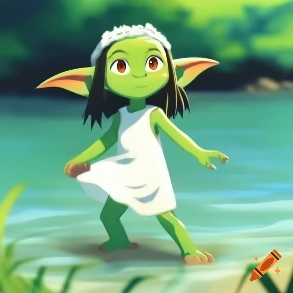 Anime goblin girl in white dress wading through river on Craiyon