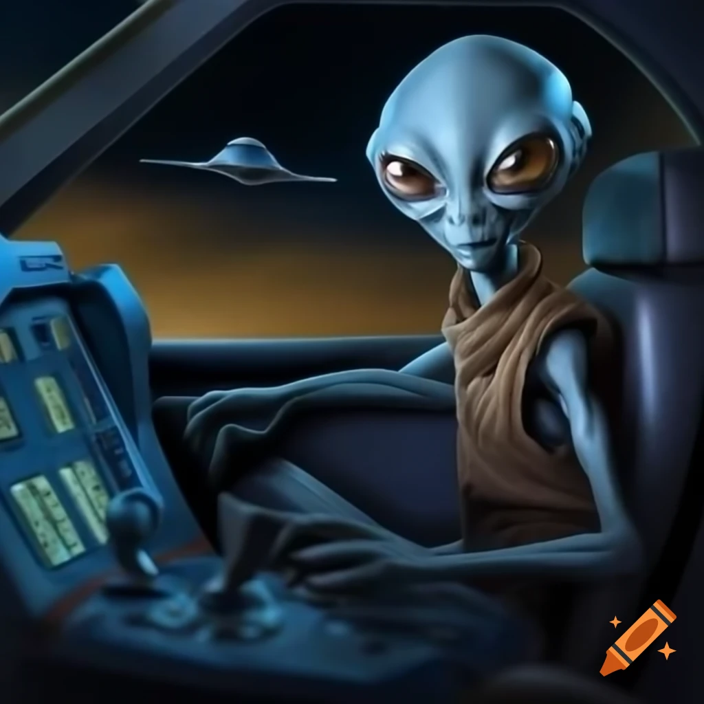 Humanoid alien in ufo cockpit with determined expression on Craiyon