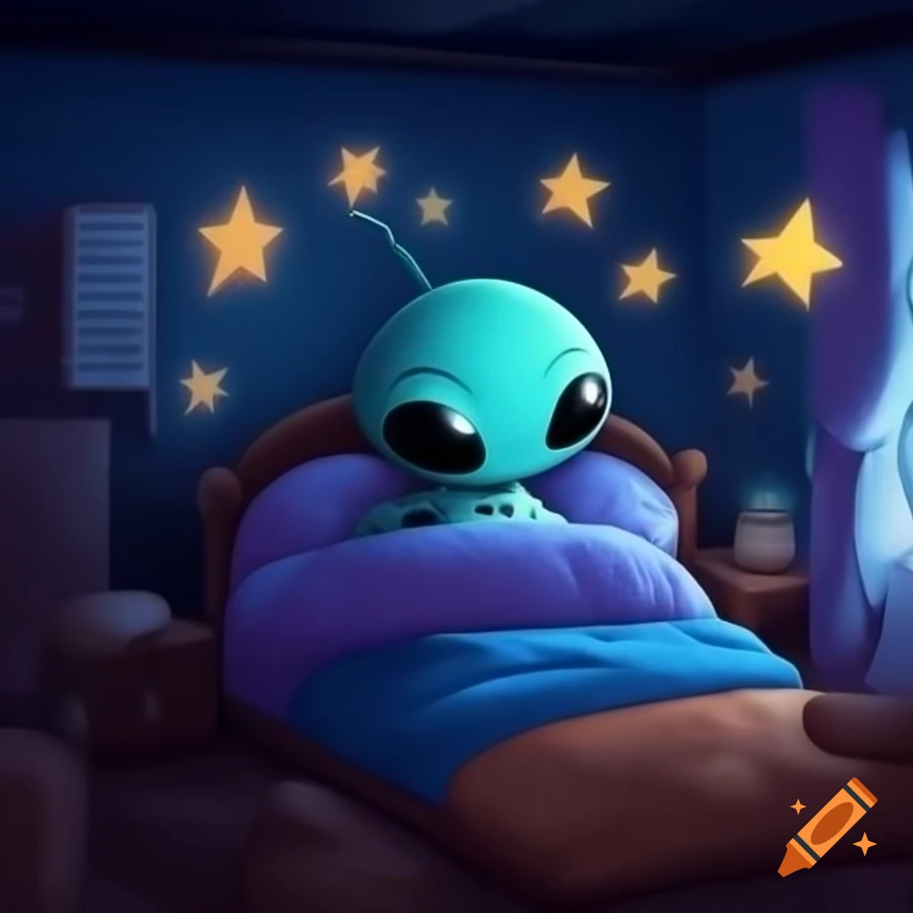 Cute alien in cozy bed with glowing stars in bedroom on Craiyon