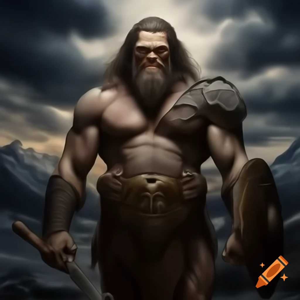 Realistic oil painting of a confused tall Goliath humanoid with ...