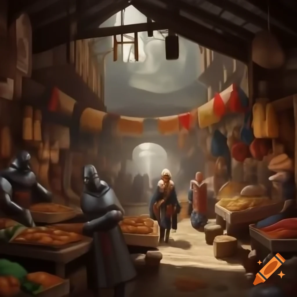 Bustling medieval marketplace with merchants, knights, and villagers on ...