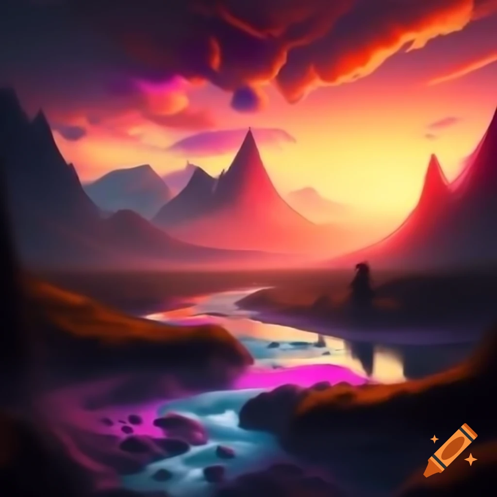 Surreal landscape at sunset with vibrant colors and flowing rivers on ...