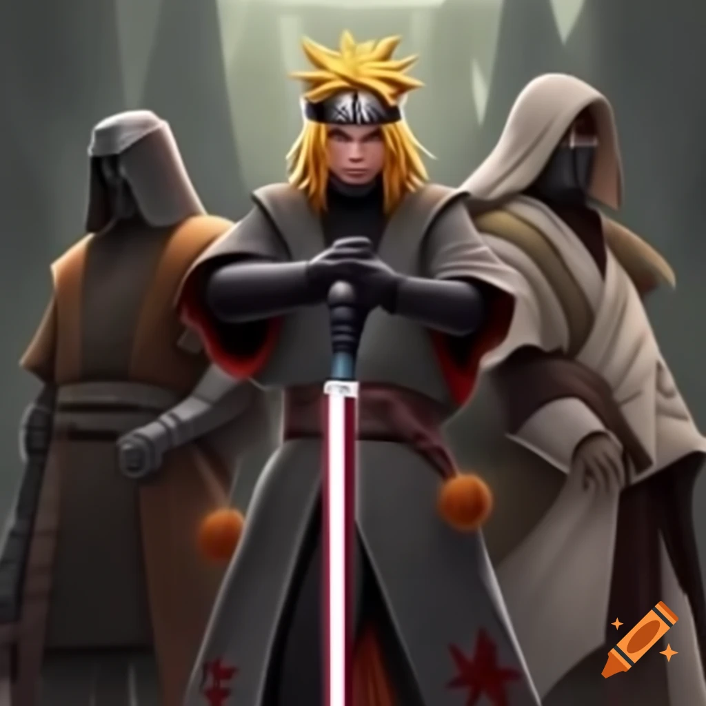 Fusion character blending elements of minato namikaze, templar knight, saiyan armor, and obi-wan ...