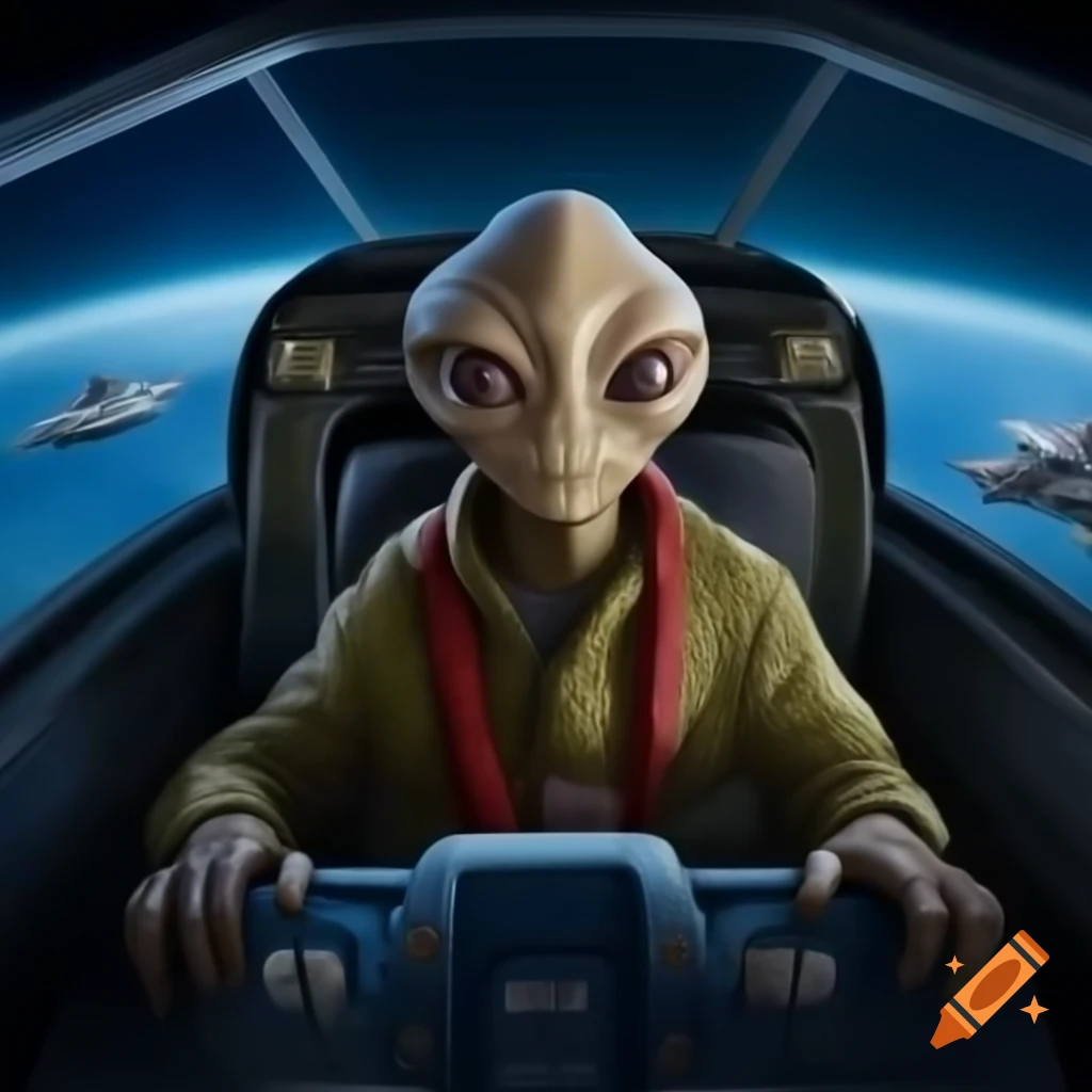 Humanoid alien in ufo cockpit with determined expression on Craiyon