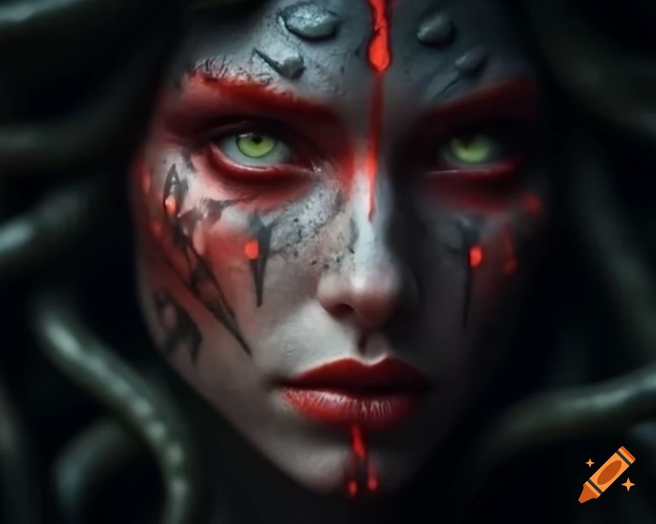 Photorealistic depiction of young medusa in dark atmosphere on Craiyon