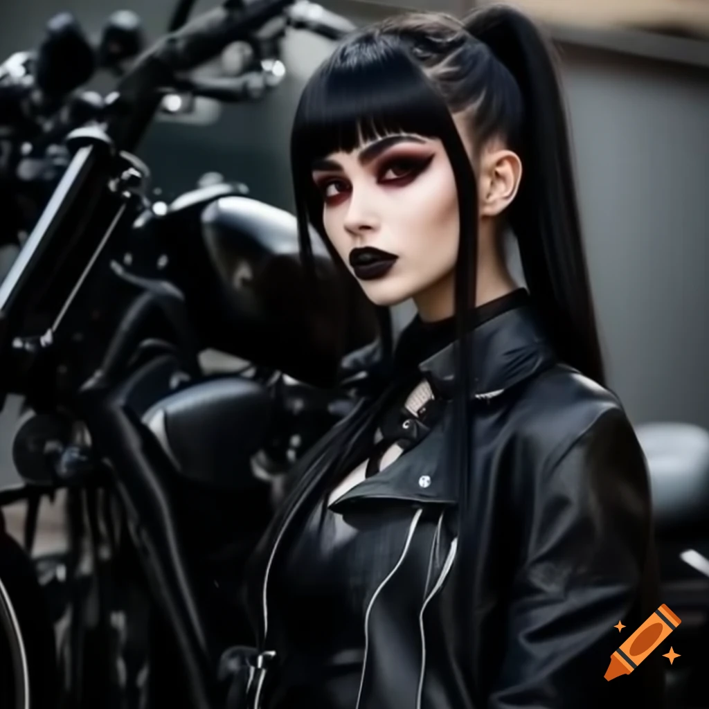 Gothic woman with black motorcycle, featuring shaved side and dark ...
