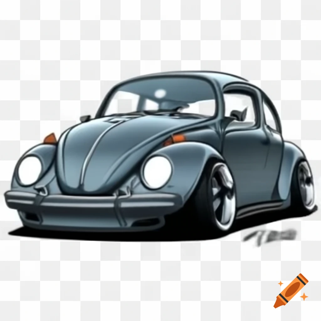 Cartoon style dark grey 1976 VW Beetle with EMPI 8 spoke wheels on Craiyon