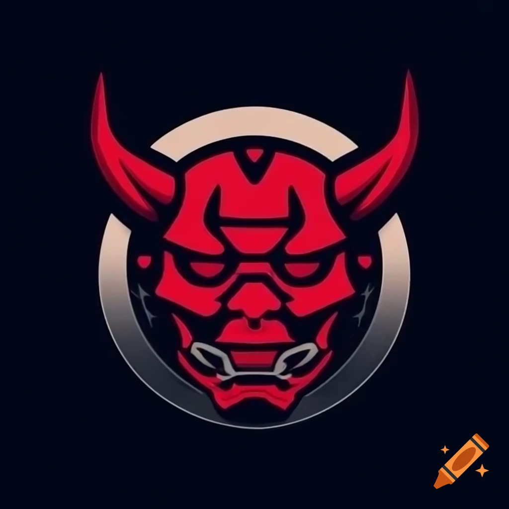 Logo design featuring a stylized mechanical red oni devil emblem on Craiyon