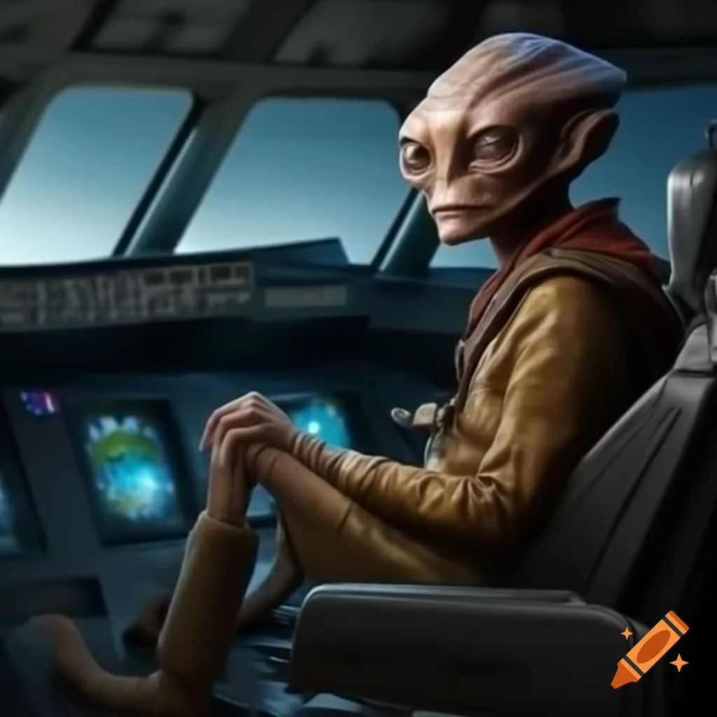 Humanoid alien in ufo cockpit with determined expression on Craiyon