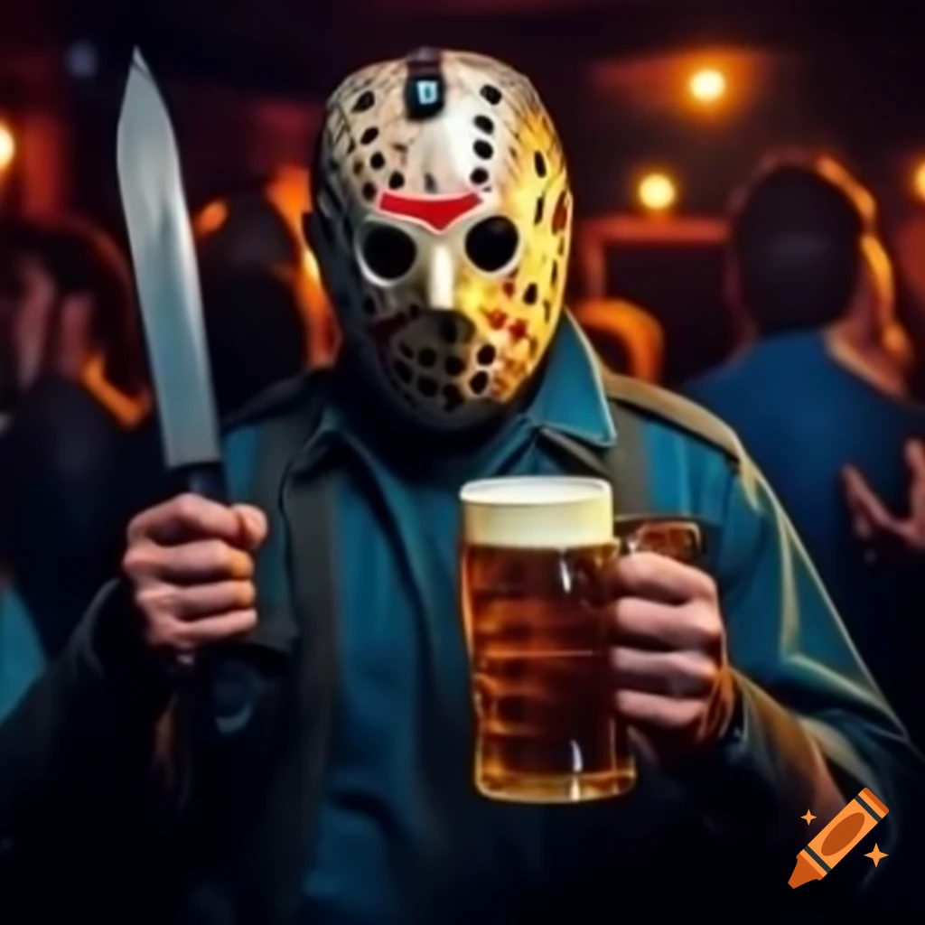 Jason Voorhees holding a machete and beer at a party on Craiyon