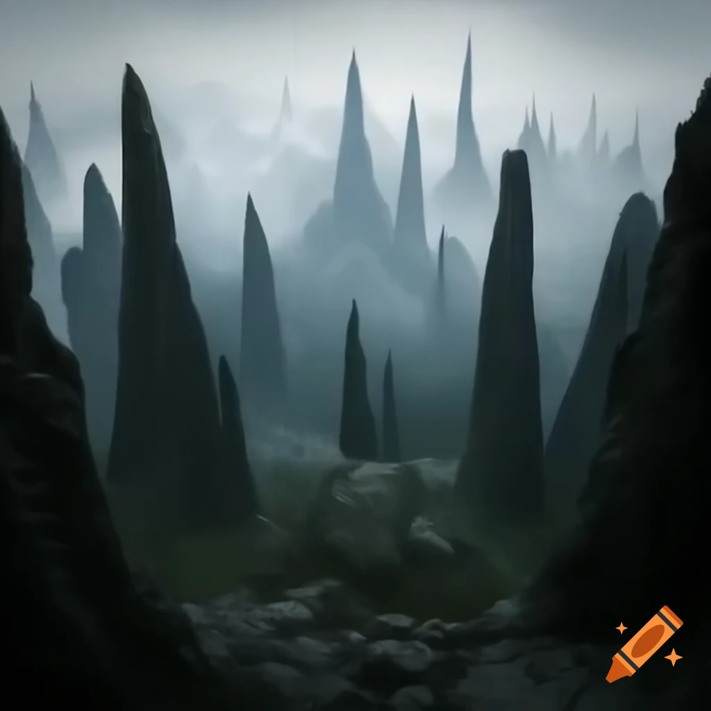 Grotesque rocky forest with stone spires and half-buried statues on Craiyon