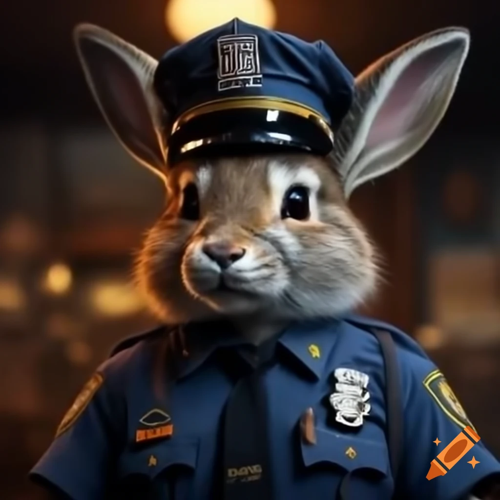 Rabbit police officer chasing fox thief on Craiyon