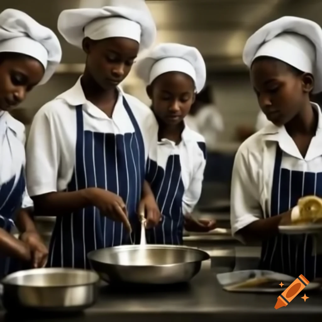 Students cooking in school kitchen during practical lesson on Craiyon
