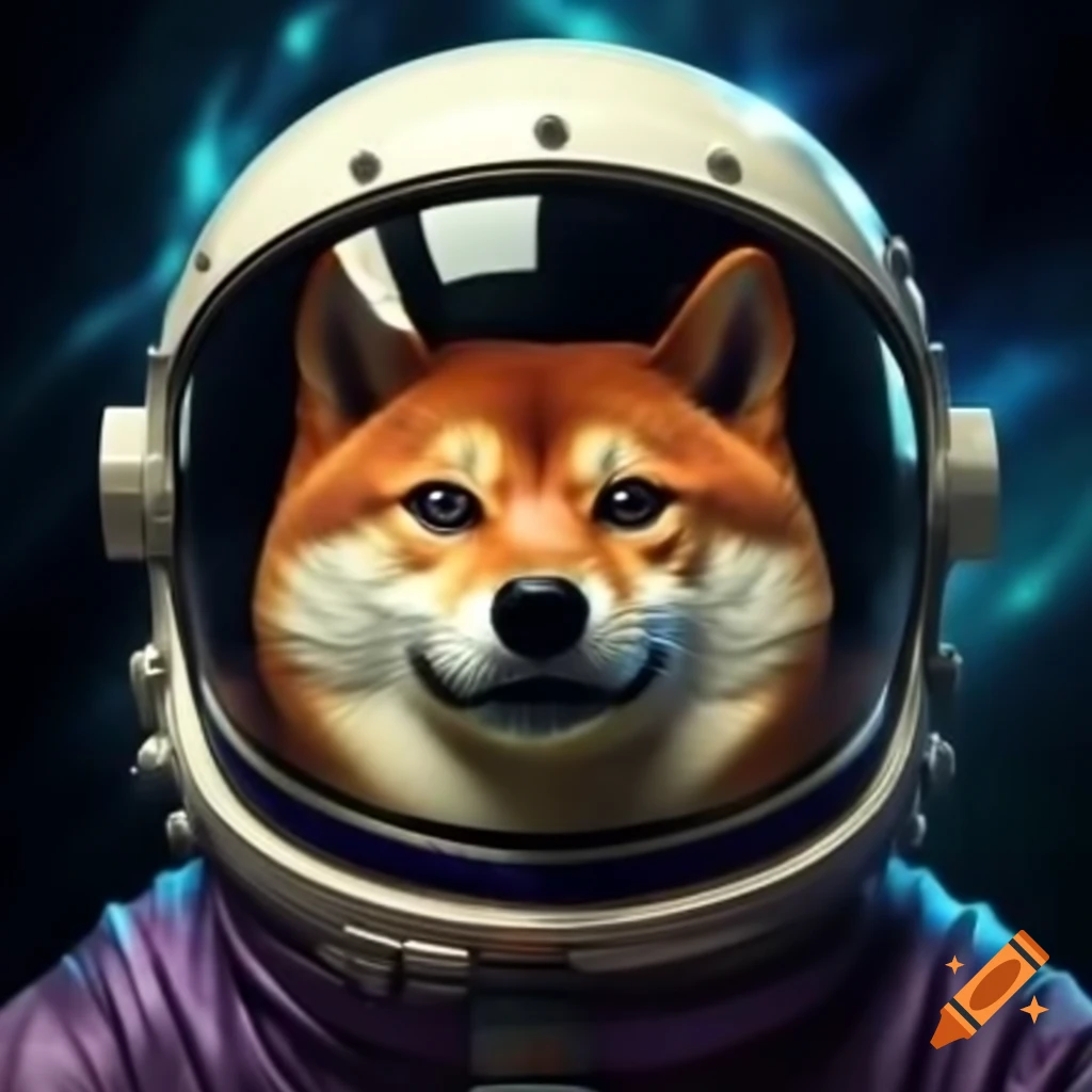 Stylized shiba inu head in astronaut helmet against glowing galaxy ...