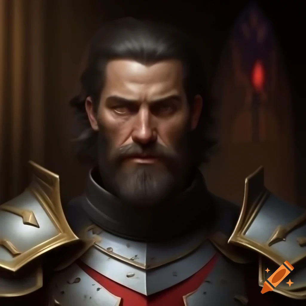 Knight general in stained glass style, aged with smug expression, red ...