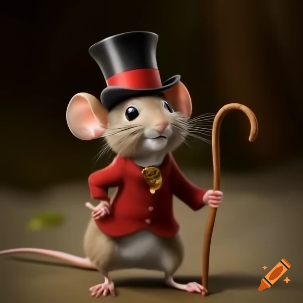 Dapper mouse with top hat and cane, cheerful and adventurous on Craiyon