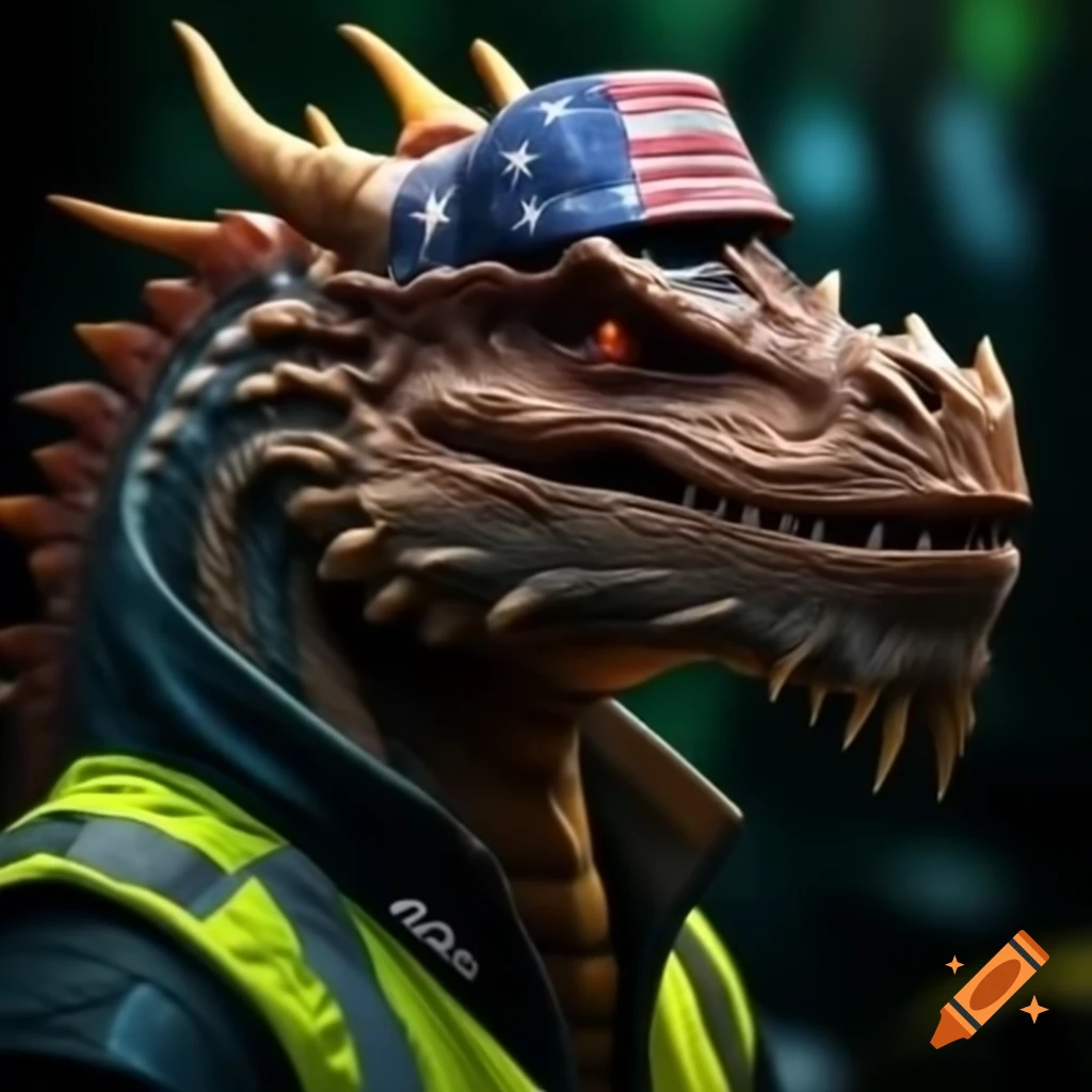 Realistic dragon with shiny scales and trucker cap, wearing high ...