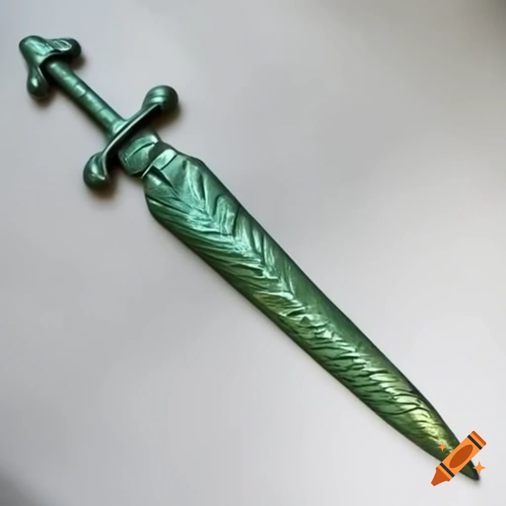 Double-sided sword made of shimmering green metal with sharp edges on ...