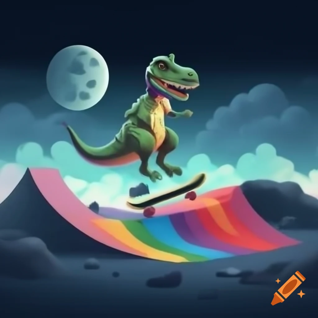 T. rex skateboarding on rainbow ramp on the moon on Craiyon